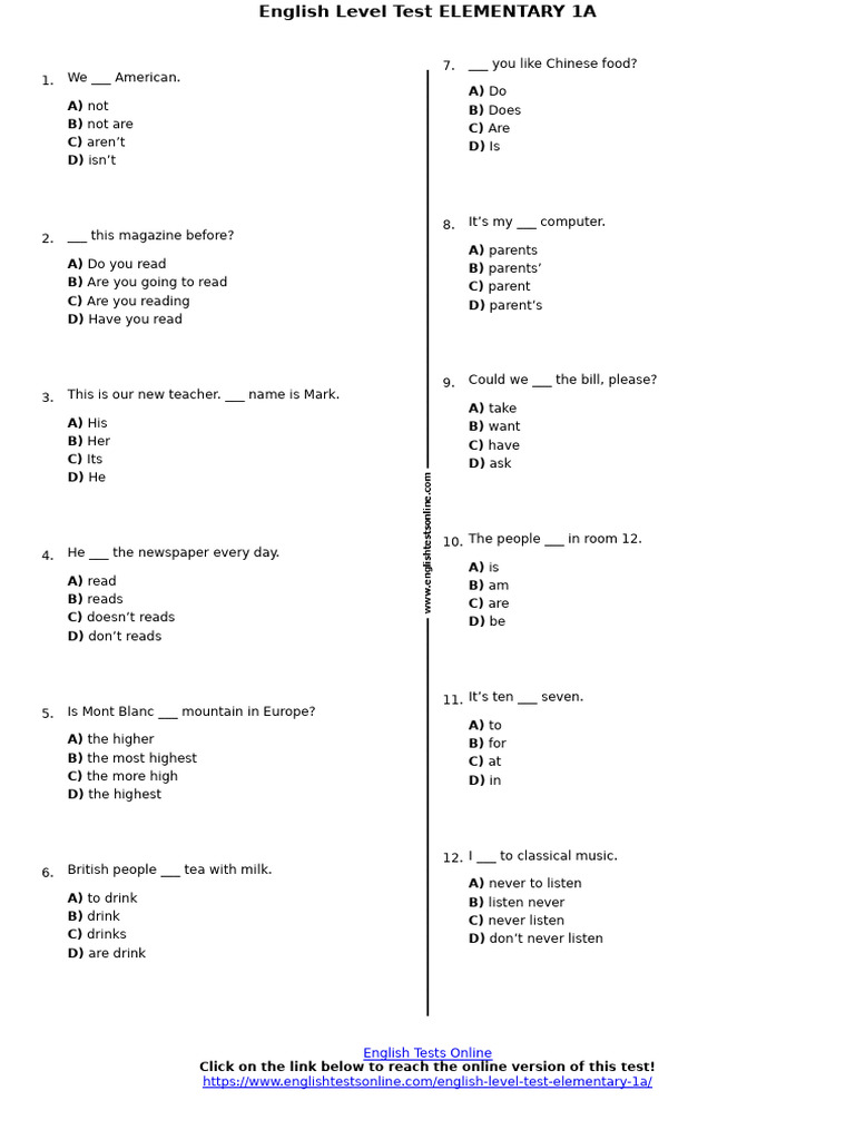 1 - English Level Test Elementary 1a PDF | PDF