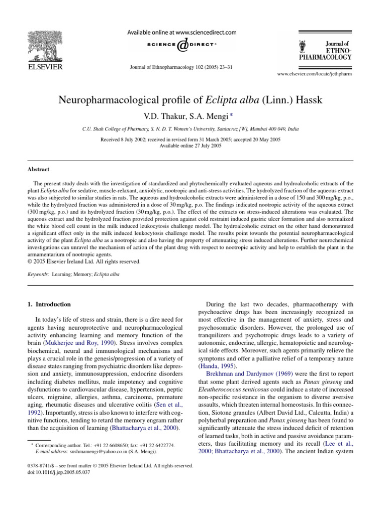 Neuropharmacological profile of Eclipta alba (Linn.) Hassk | PDF ...