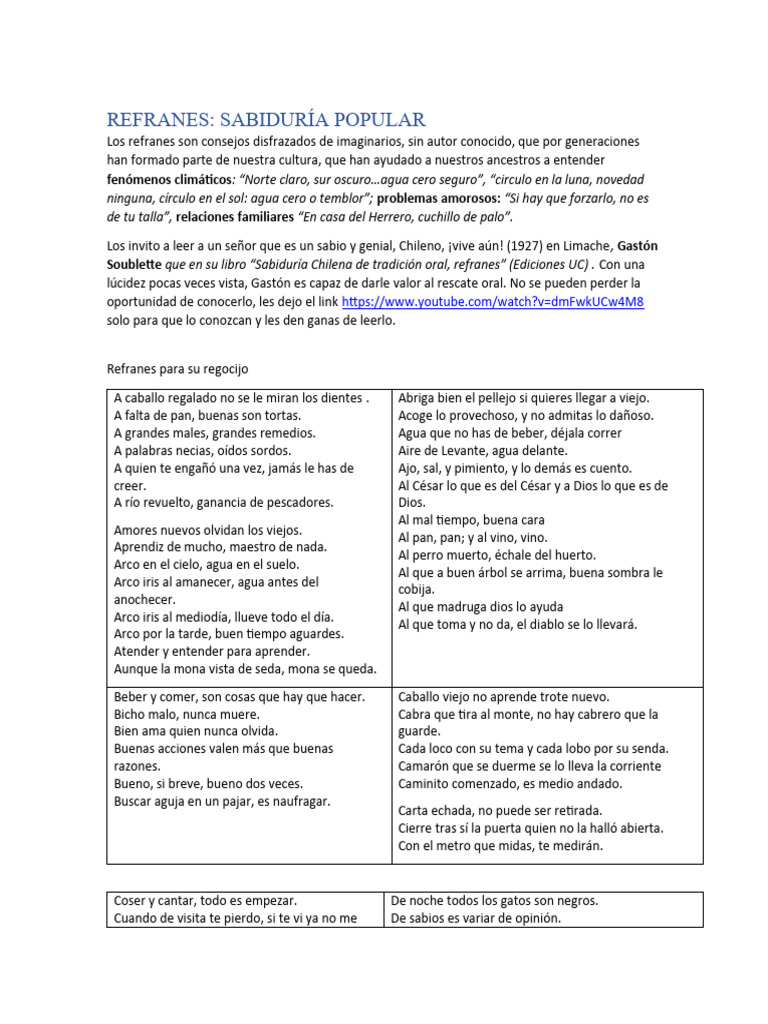 Refranes Chilenos: Sabiduría Popular | PDF