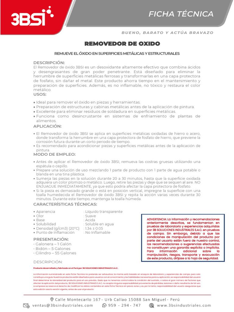 Removedor de Oxido - Ficha Tecnica | PDF | Corrosión | Laboratorios