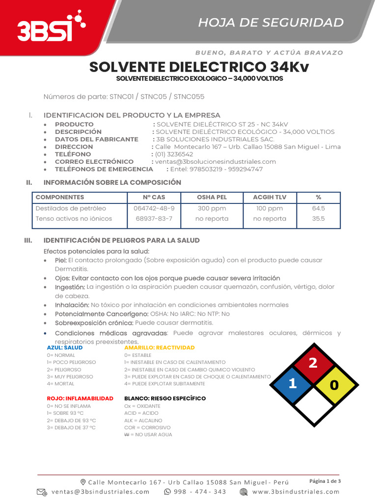 Solvente Dielectrico 34 KV - Hoja de Seguridad Msds | PDF