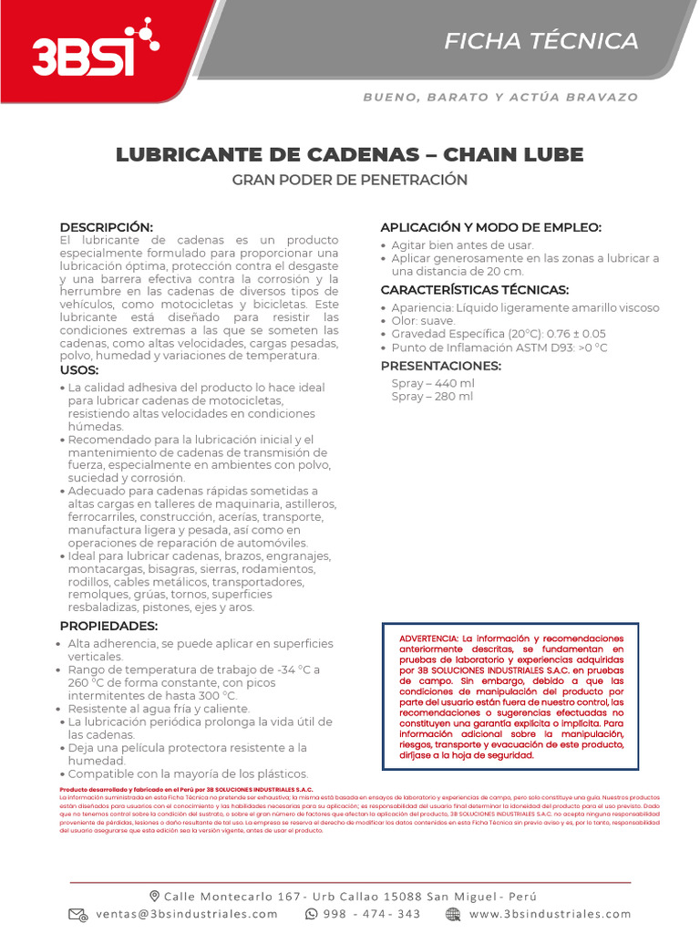 Lubricante de Cadenas - Ficha Tecnica | PDF