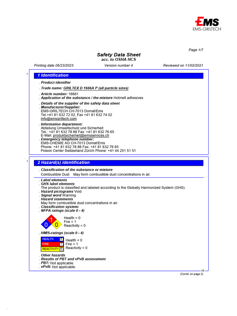 MSDS GRILTEX D 1666A P (All Particle Sizes) (US) | PDF | Pollution | Occupational Safety And Health