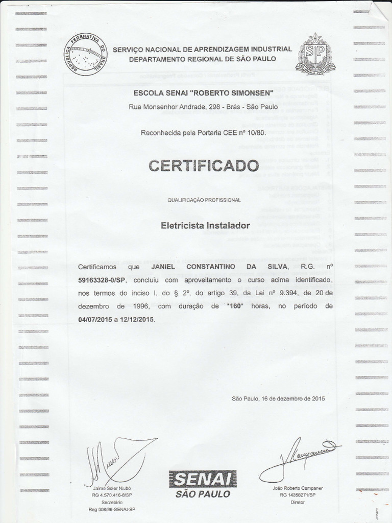 Certificado Senai | PDF | Brasil | Serviços públicos