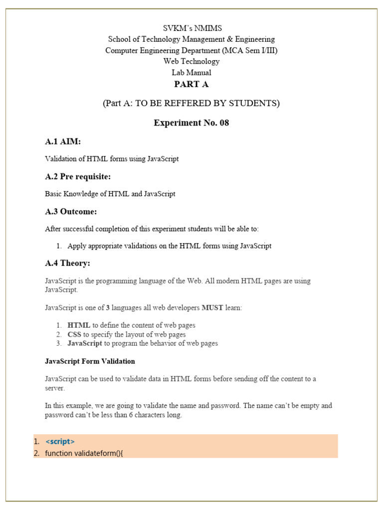 A039 - Exp 8 - Form Validation | PDF | World Wide Web | Internet & Web