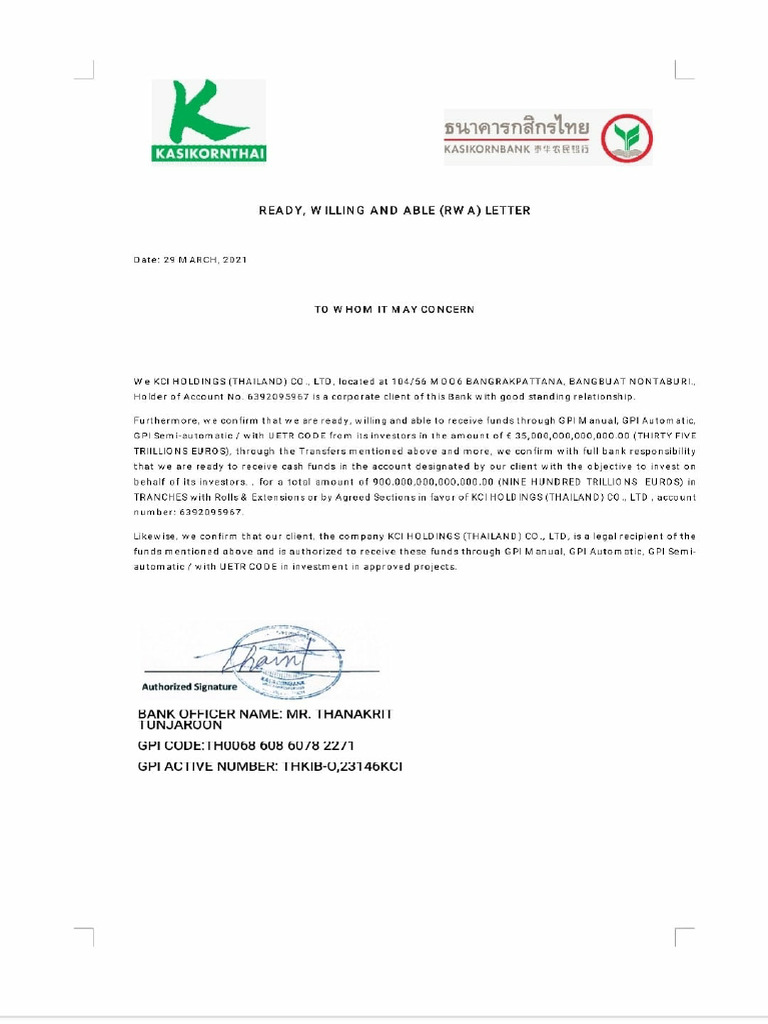 SAMPLE RWA FOR AUTOMATIC GPI W - UETR | PDF