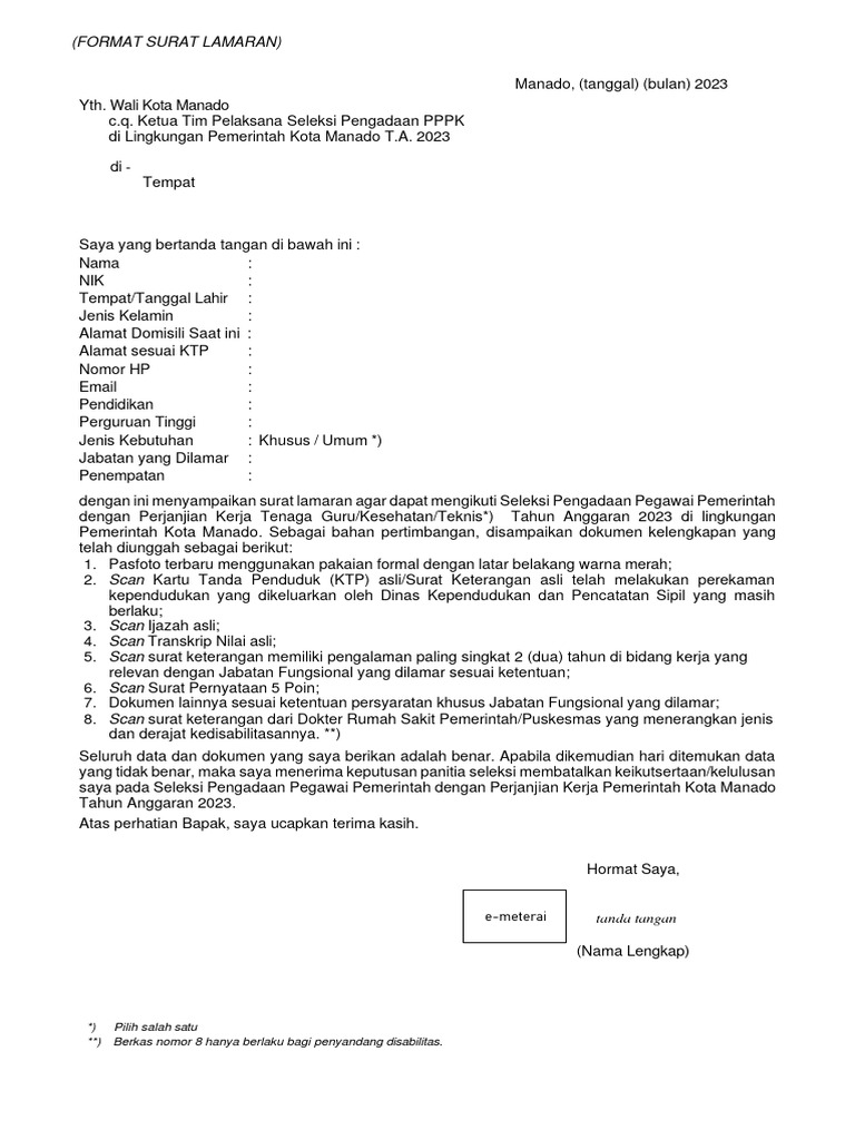 FORMAT SURAT PPPK T.A 2023 (1) | PDF
