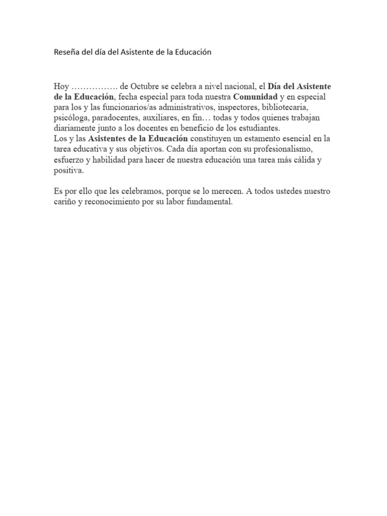 Reseña Del Día Del Asistente de La Educación | PDF