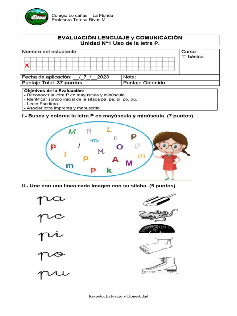 PRUEBA LENGUAJE 1°unidad Letra P | PDF