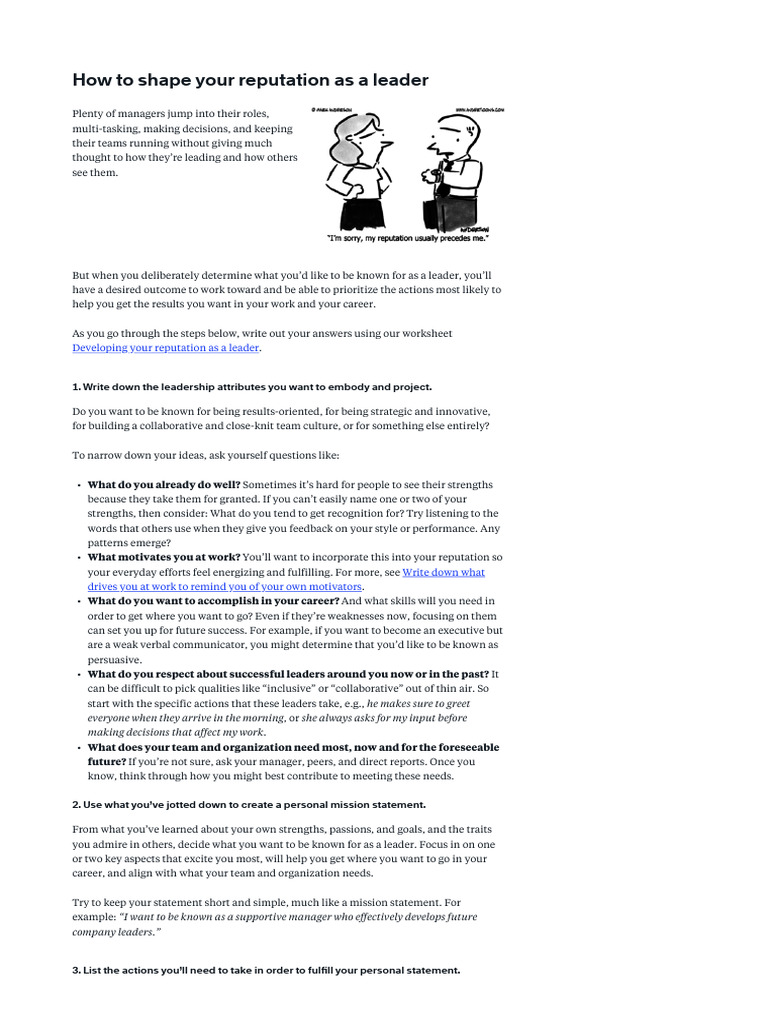 How To Shape Your Reputation As A Leader | PDF | Goal | Leadership