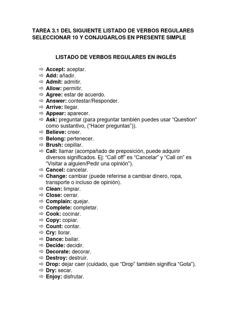 Listado de Verbos Regulares en Inglés | PDF | Gramática | Sintaxis