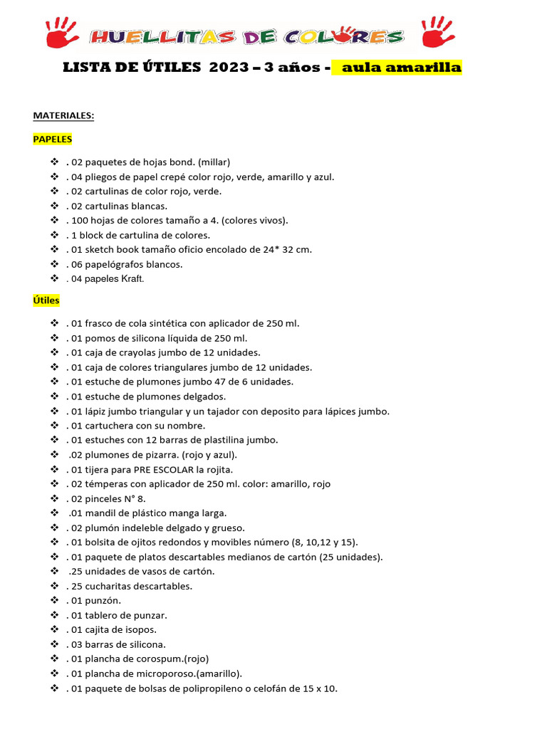LISTA DE ÚTILES 2023 AULA 3 AÑOS OKEY - Bien | PDF