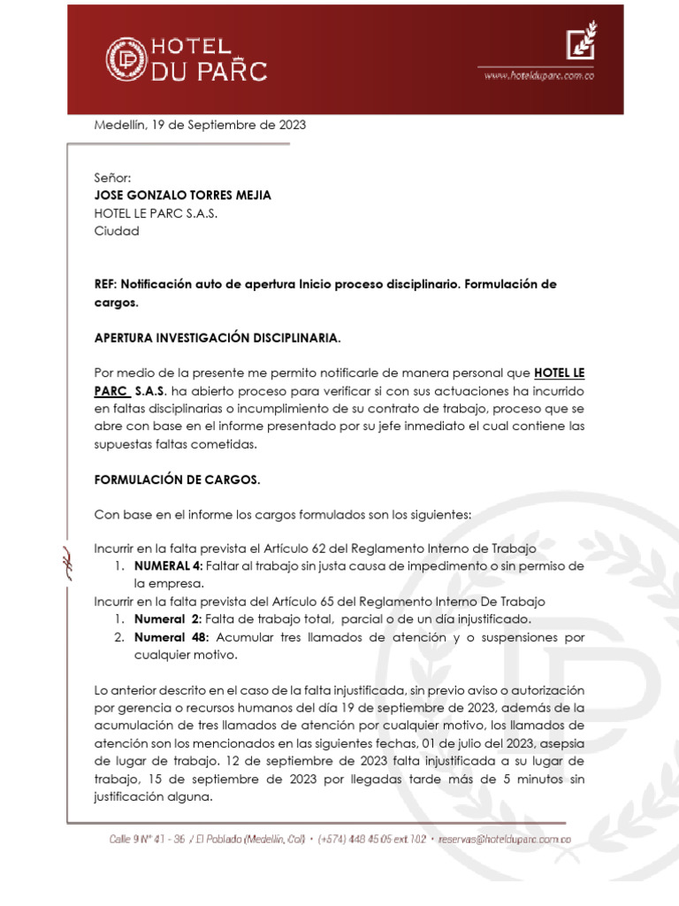 Citacion A Descargos Jose Torres PDF