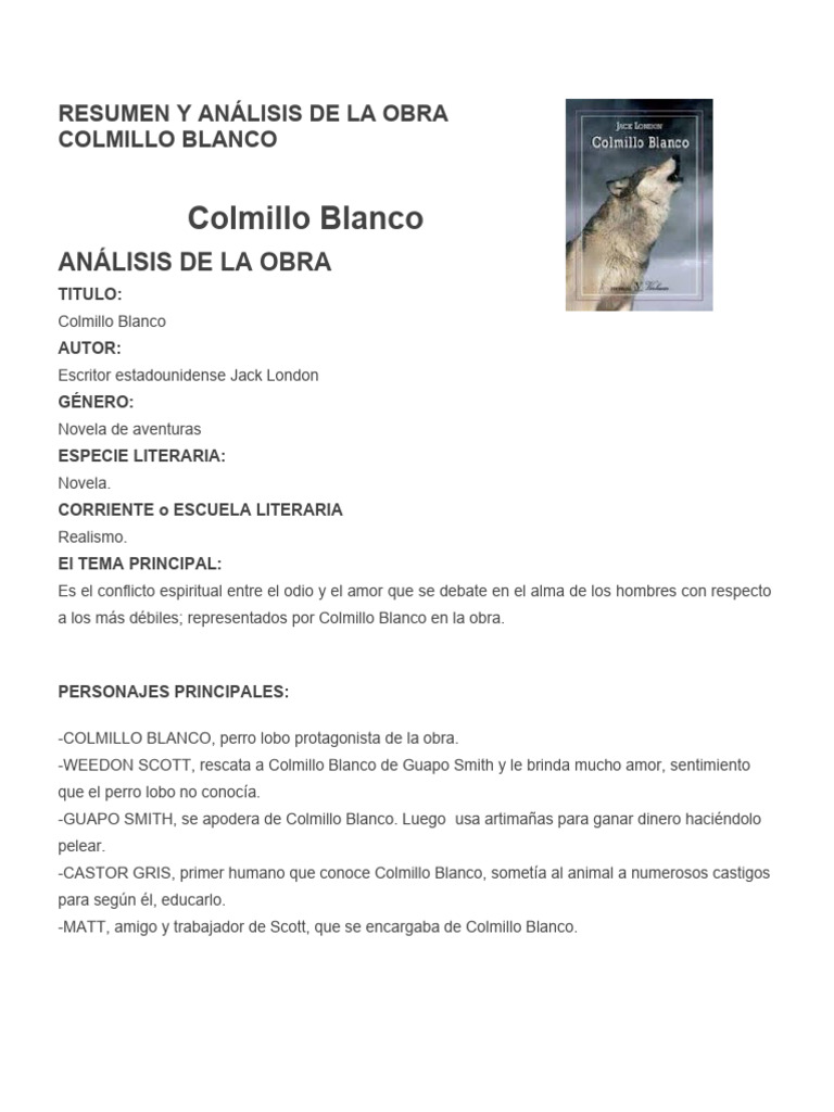 Resumen y Análisis de La Obra Colmillo Blanco | PDF | Colmillo Blanco
