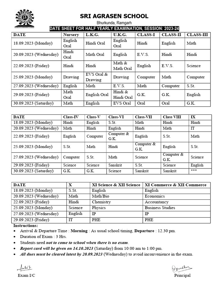Datesheet Half Yearly Exam Pdf Science