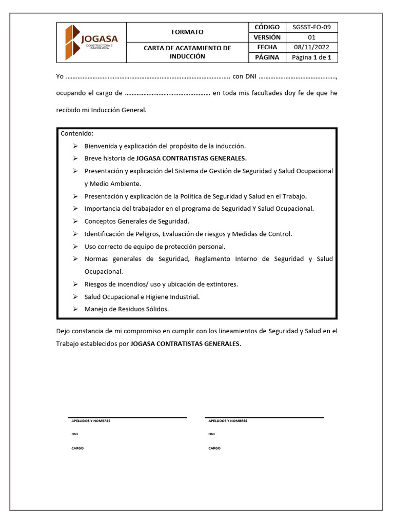 Carta de Acatamiento Inducción SGSST | PDF | Negocios | Tecnología