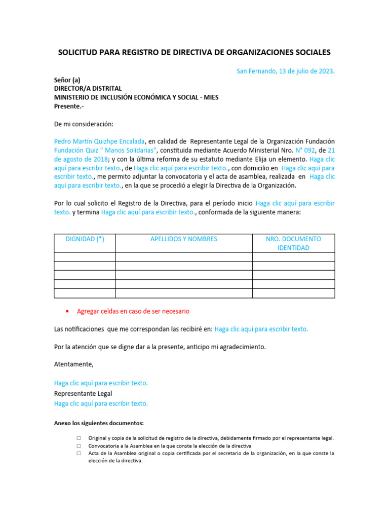 2 Solicitud-Para-Registro-De-Directiva-De-Organizaciones-Sociales-1 | PDF