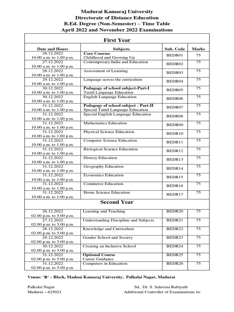 BEd Timetable April 2022 & November 2022 | PDF | Science Education ...