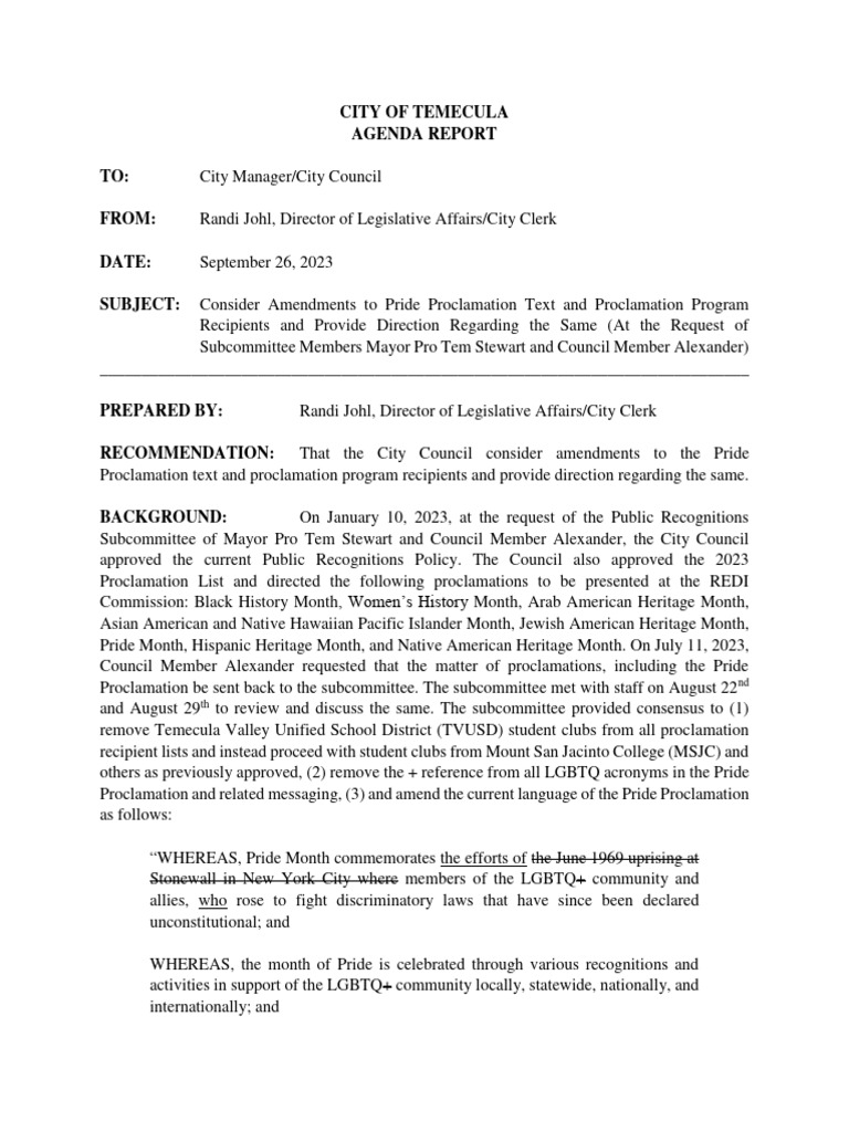Proposed Amendments To Temecula Pride Month Proclamation | PDF | Lgbt ...