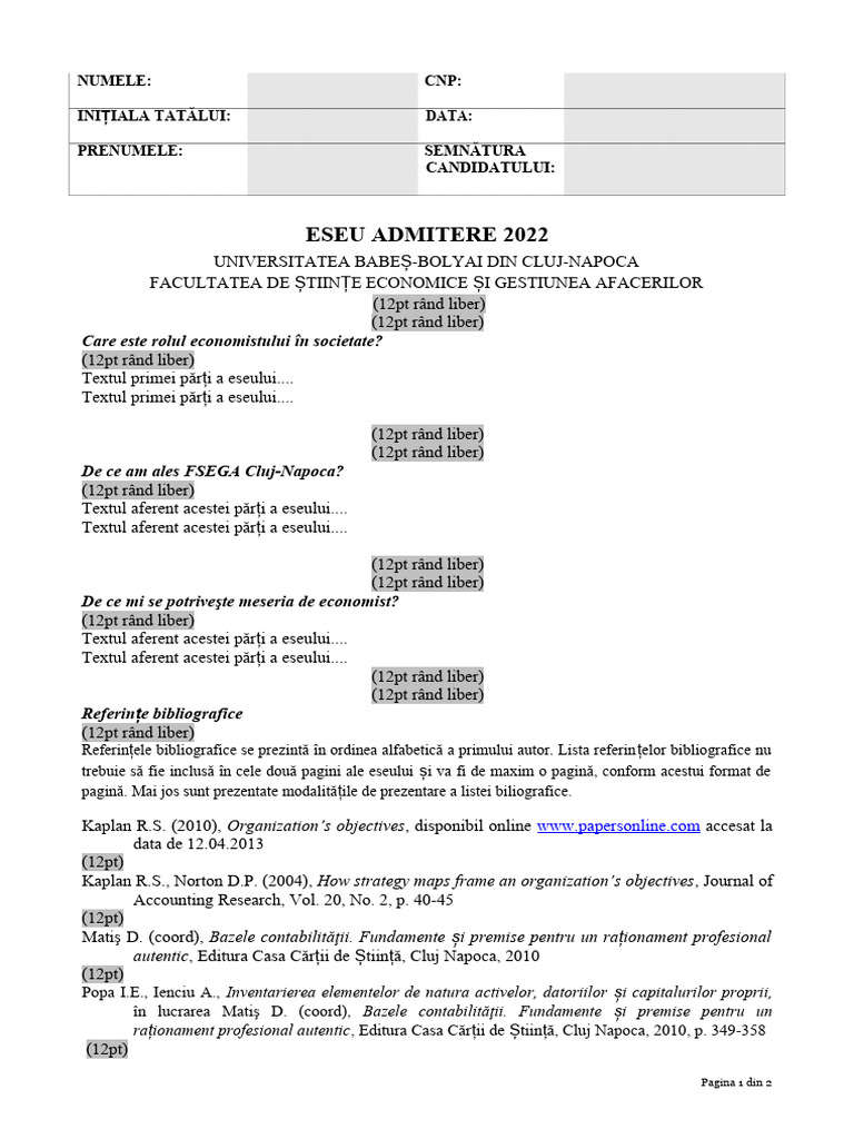 FSEGA Eseu Admitere Licenta 2022 | PDF