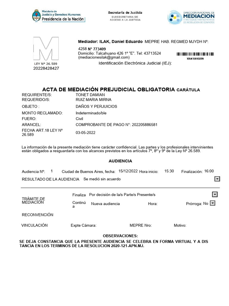 Acta de Mediación Prejudicial Obligatoria: Mepre | PDF