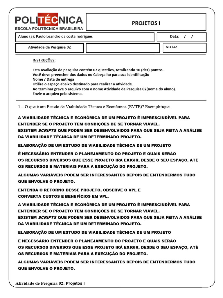 Atividade de Pesquisa 02 - Projetos I | PDF | Valor Presente líquido | Investimentos