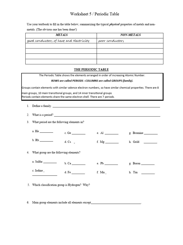 Periodic Table Properties Worksheet | PDF | Periodic Table | Chemical ...