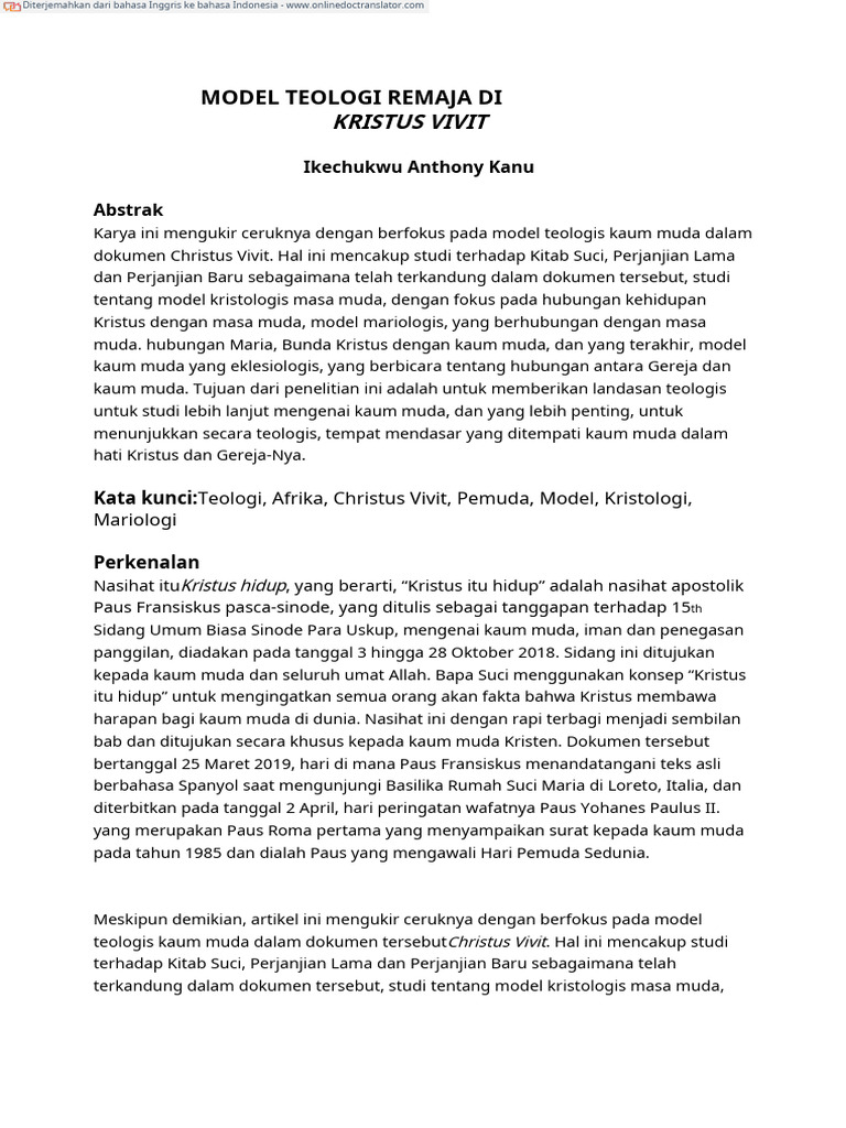 Ikechukwu Anthony Kanu - Model Teologi Remaja Di Kristus Vivit | PDF