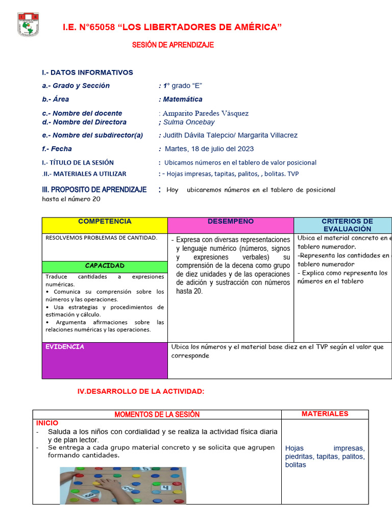 SESION DE MATEMÁTICA Ubicamos Numeros en El Tablero de Valor Posicional ...