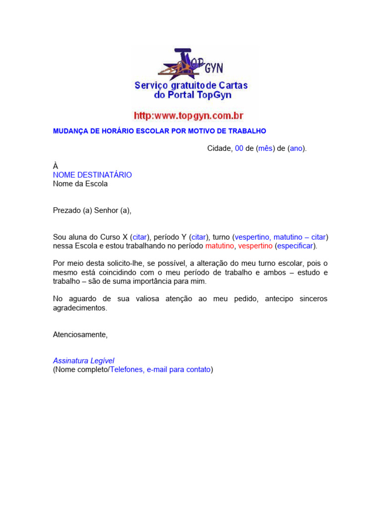 Solicitacao de Mudanca Do Horario Escolar Por Motivo de Trab | PDF