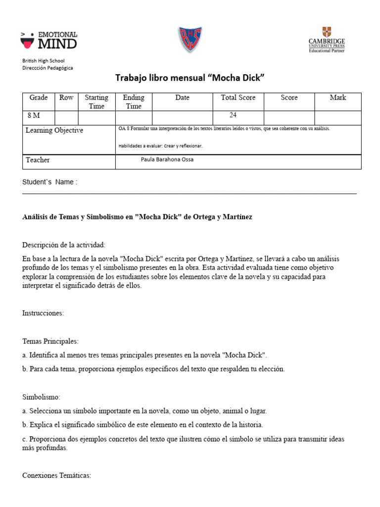 Trabajo Libro Mensual Mocha Dick - 8vo | PDF