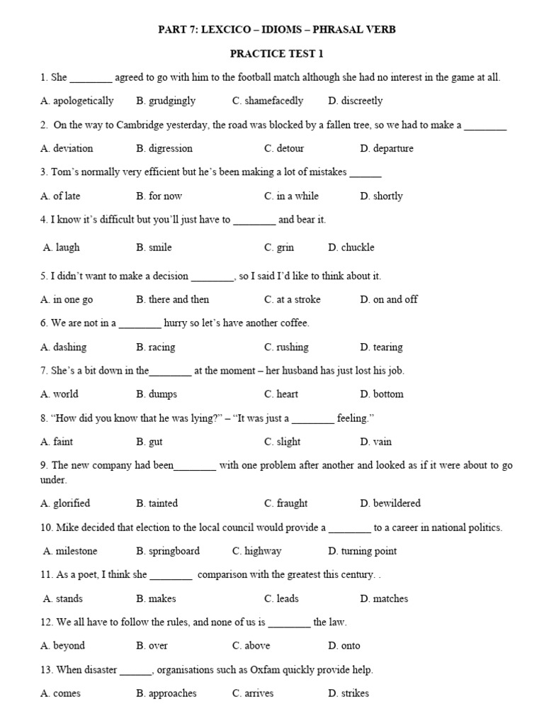 7. BÀI TẬP TỔNG HỢP LEXCICO - IDIOMS - PHRASAL VERB | PDF