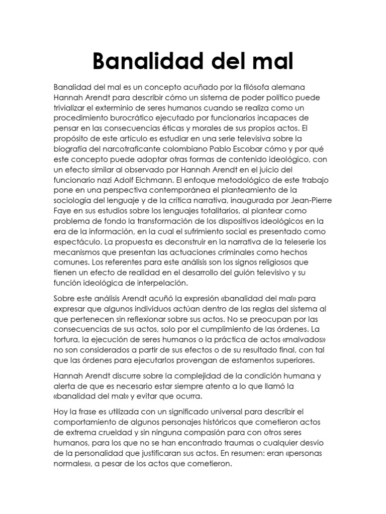 Banalidad Del Mal | PDF | Hannah Arendt | Mal