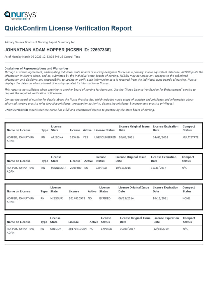 Nursys QuickConfirm License Verification Report - 2023 - 03 - 06 | PDF ...
