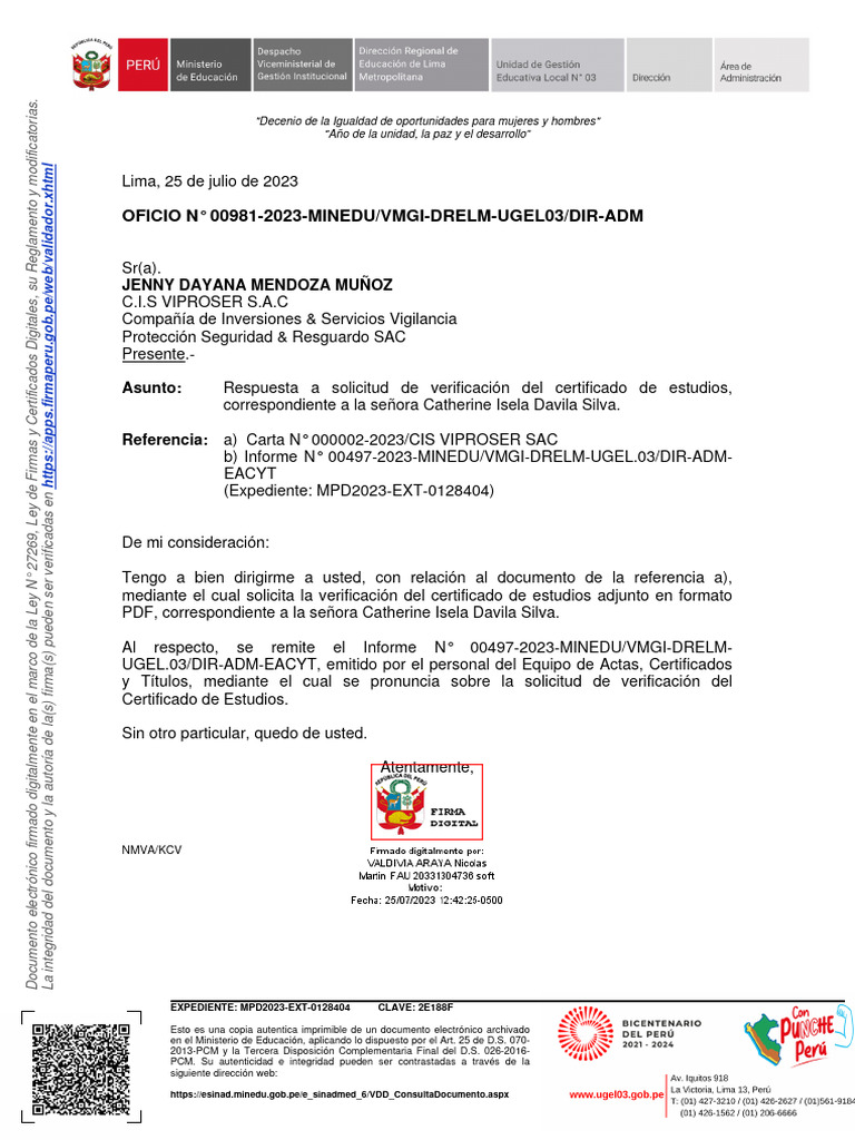 Oficio 00981 2023 Minedu Vmgi Drelm Ugel03 Dir Adm | PDF