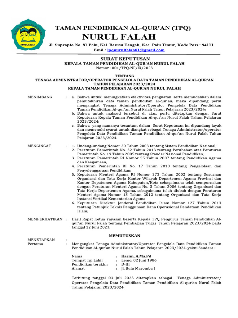 Contoh SK Operator TPQ | PDF