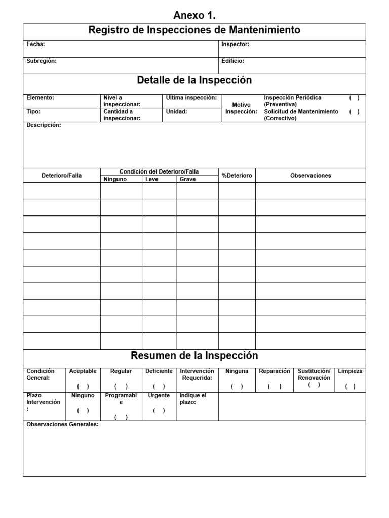 ANEXO 1 Formato Registro de Inspecciones de Mantenimiento | PDF