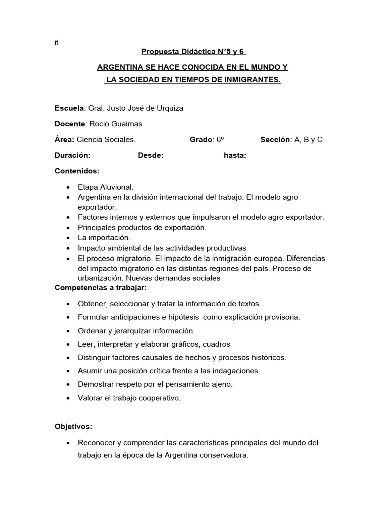 Prop N 5 y 6 Ciencias Sociales Modelo Agro e Inmigracion | PDF