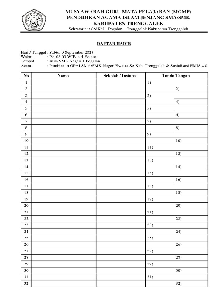 Daftar Hadir MGMP 2023 | PDF