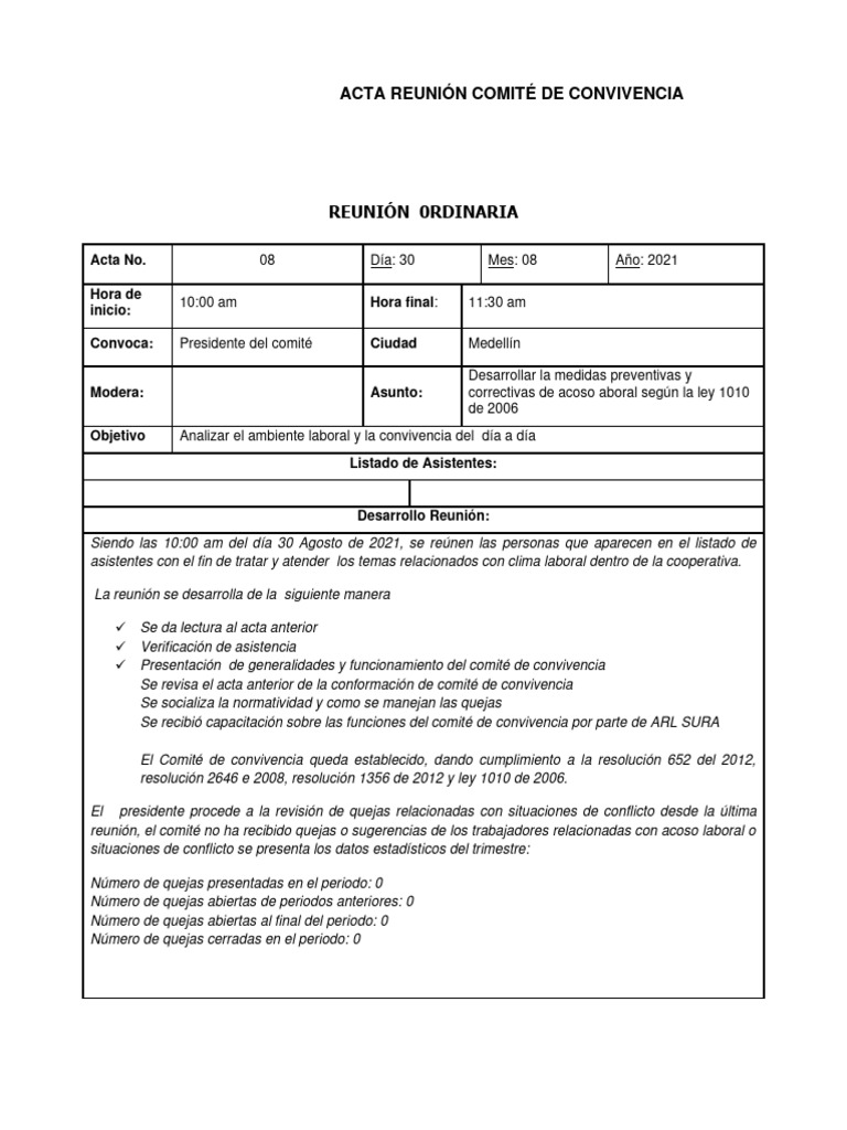 Acta Reunión Comité de Convivencia Laboral | PDF | Gobierno