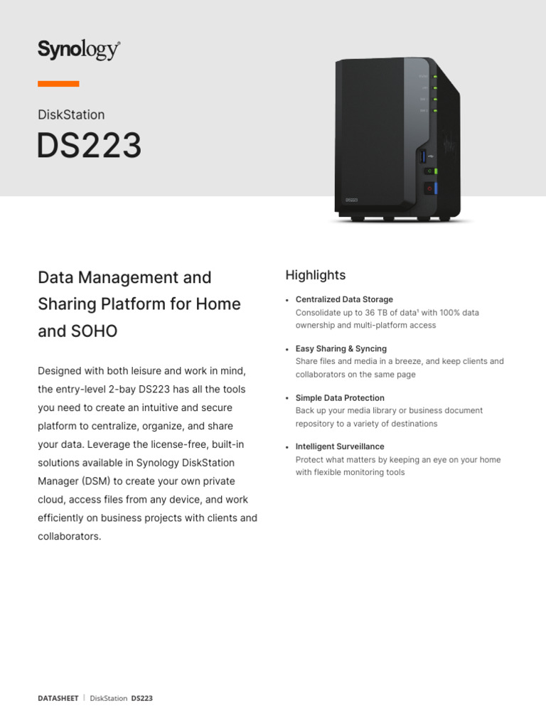 Synology DS223 Data Sheet Enu | PDF | Cloud Computing | Backup