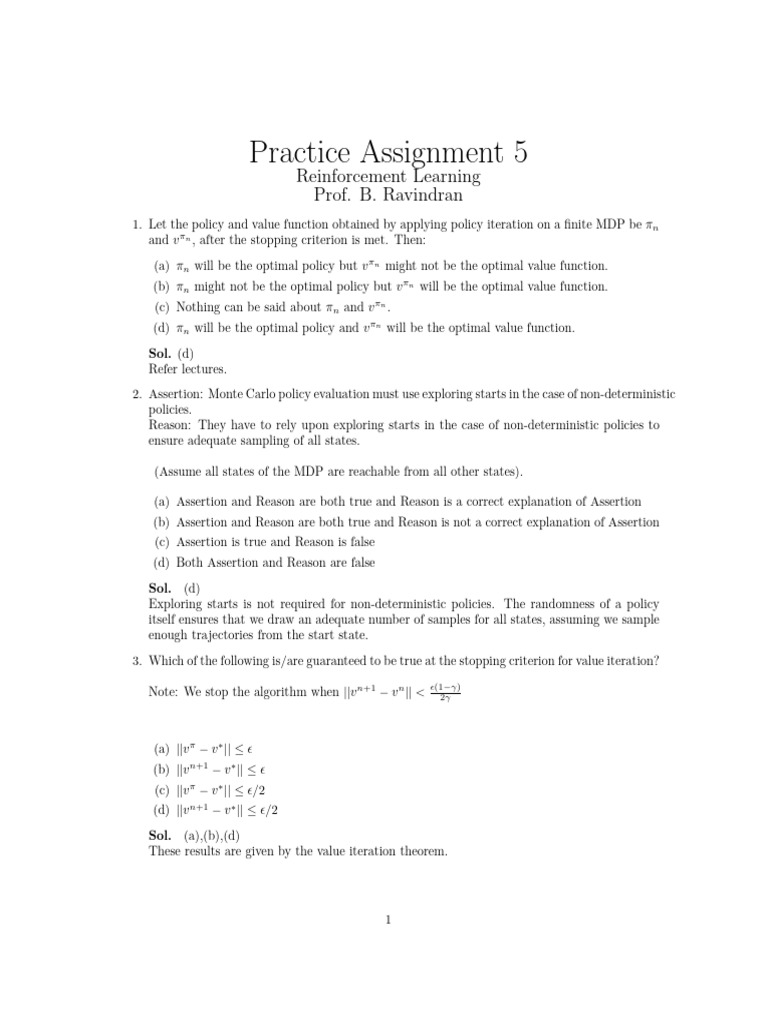 Practice Assignment 5: Reinforcement Learning Prof. B. Ravindran | PDF