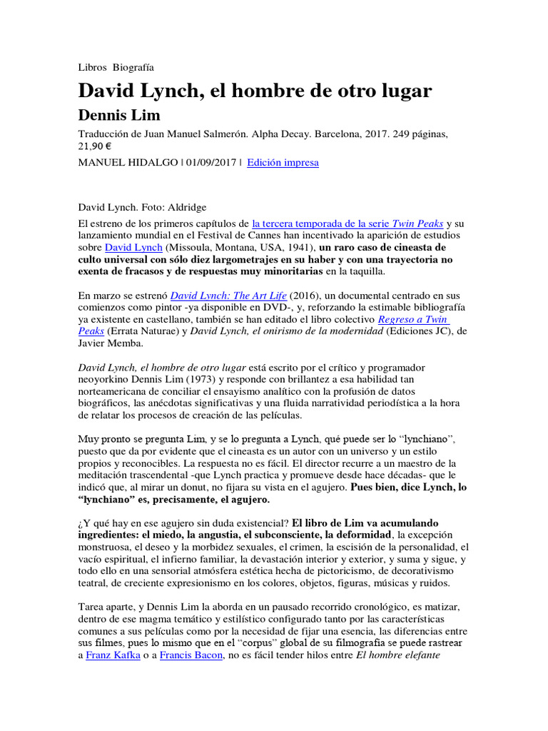 David Lynch El Hombre de Otro Lugar | PDF