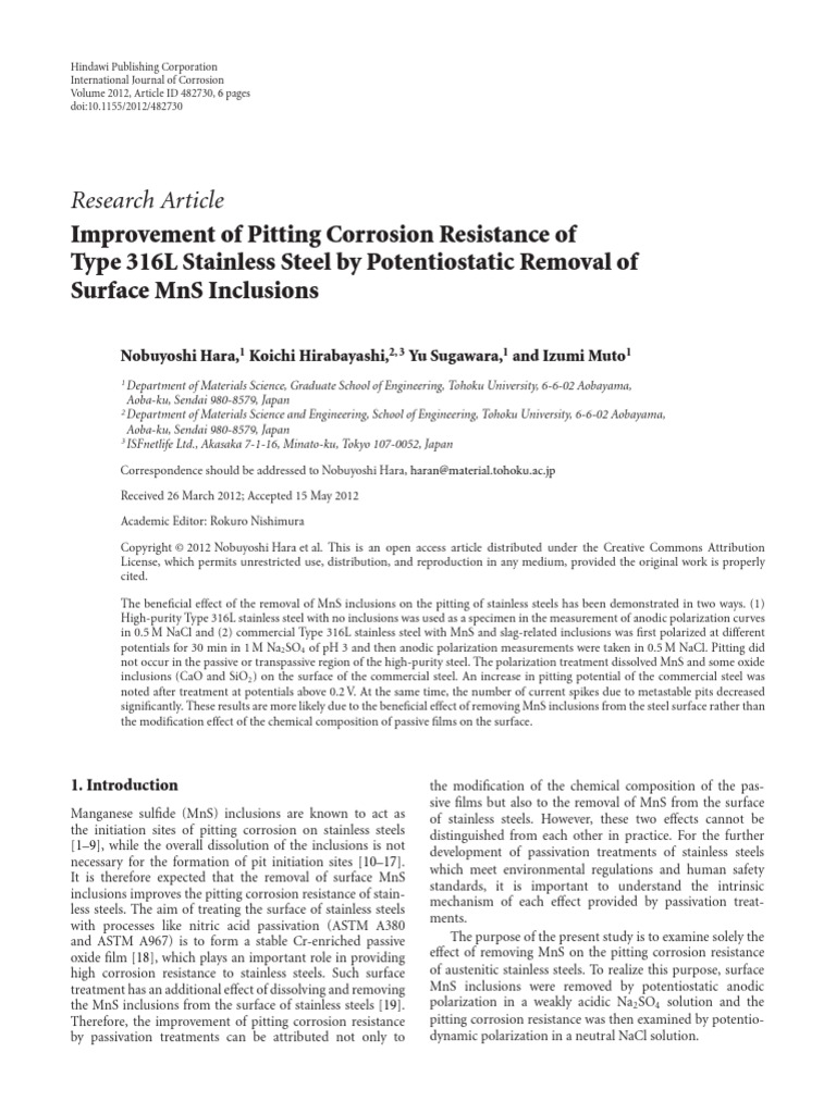 Improvement of Pitting Corrosion Resistance of Type 316L Stainless Steel by Potentiostatic ...