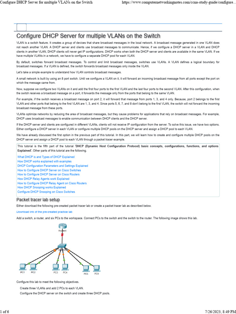 Configure DHCP Server For Multiple VLANs On The Switch | PDF
