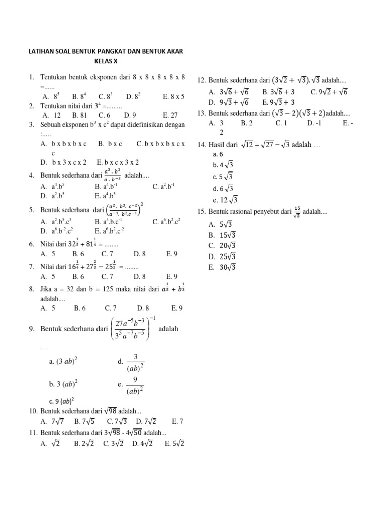 Bentuk Pangkat Dan Akar Kelas X | PDF