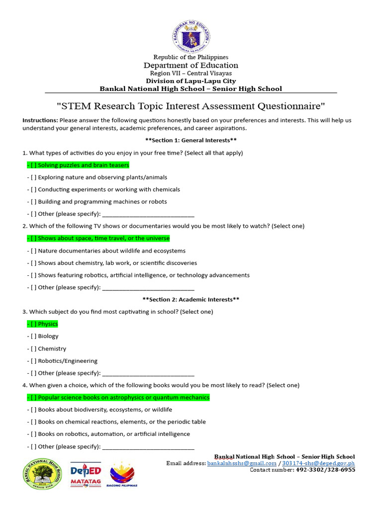 STEM Research Interests Assessment | PDF | Chemistry | Robotics