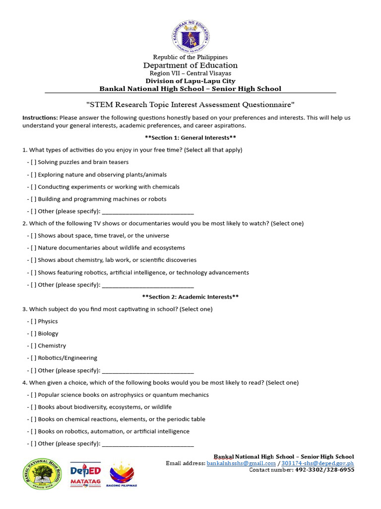 STEM Interest Assessment Questionnaire | PDF | Robotics | Chemistry
