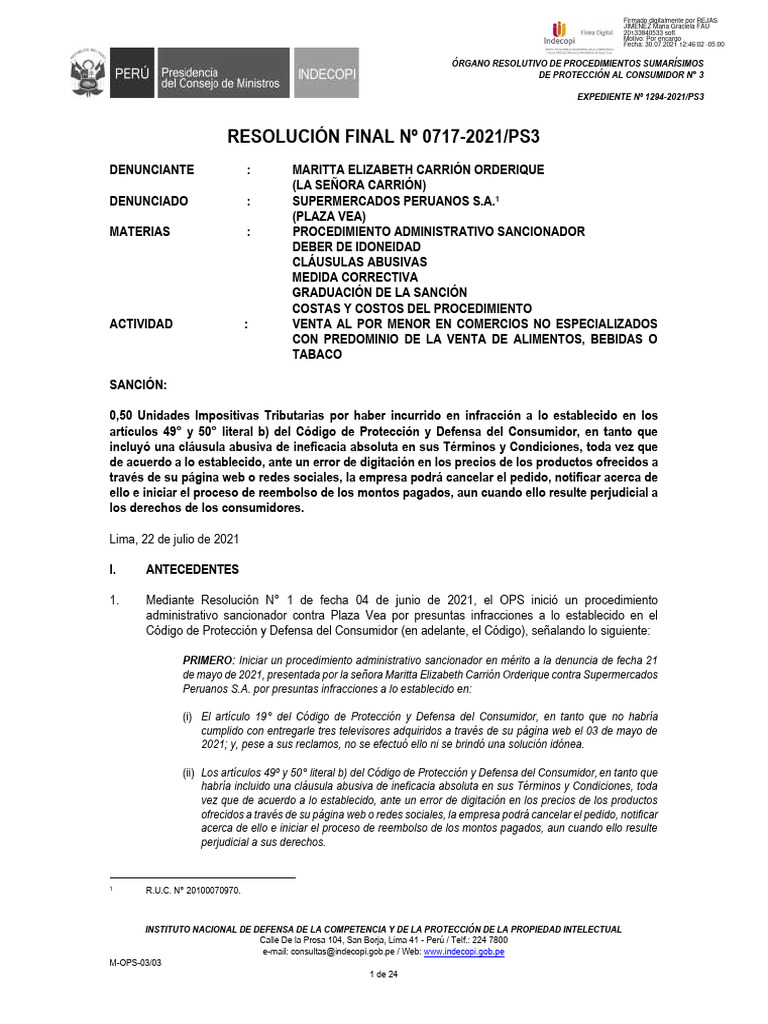 Resolución Final #0717-2021/PS3 | PDF | Protección al Consumidor ...