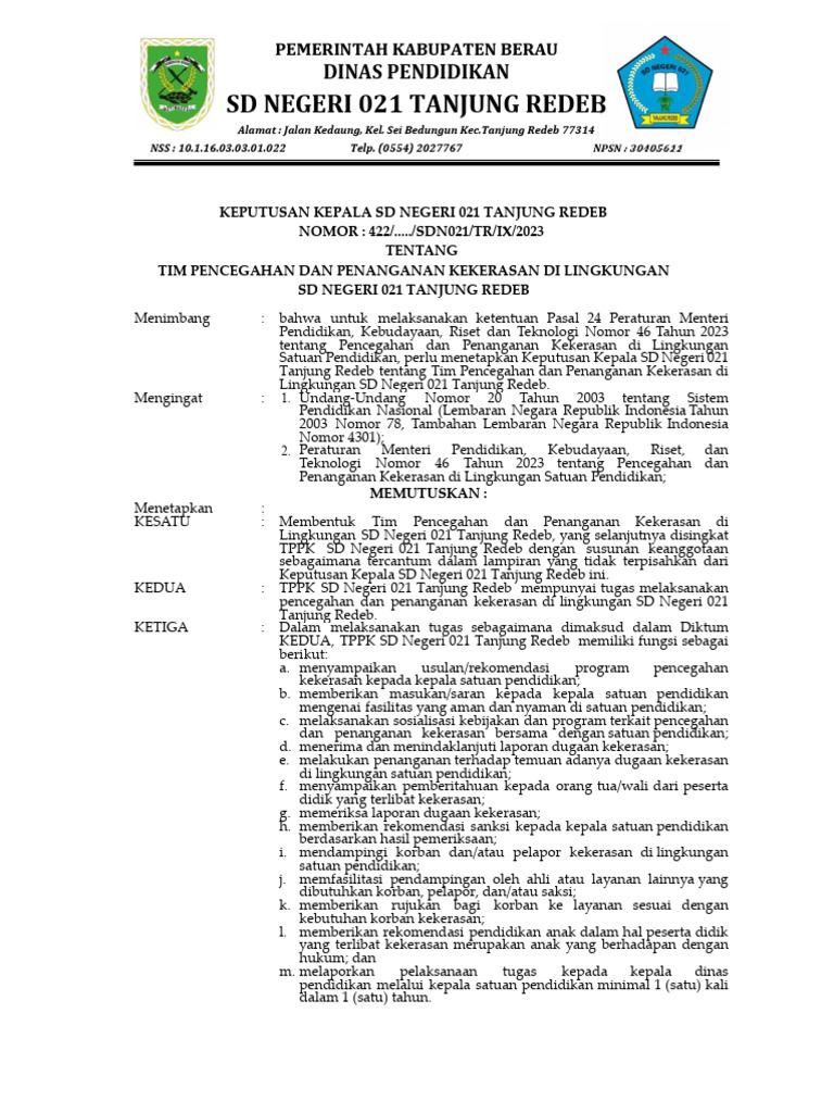 SK Kepala Satuan Pendidikan Pembentukan TPPK | PDF